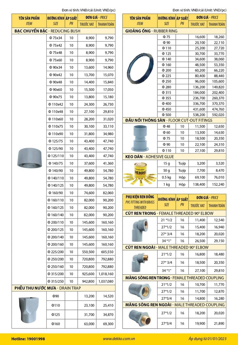 Bảng giá phụ kiện ống nhựa PVC Dekko mới nhất 2023